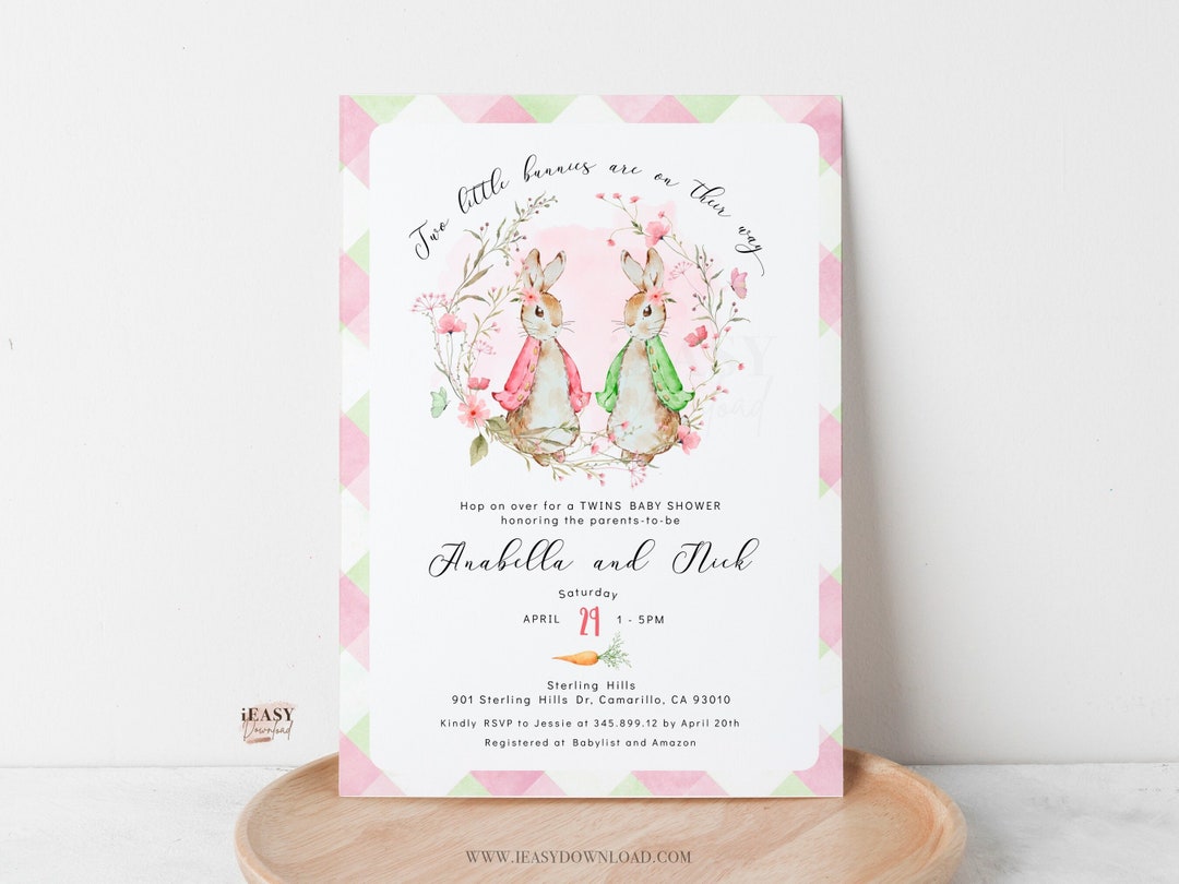 Peter Rabbit Twins Baby Shower Invitation, Flopsy Bunny for TWIN GIRLS ...