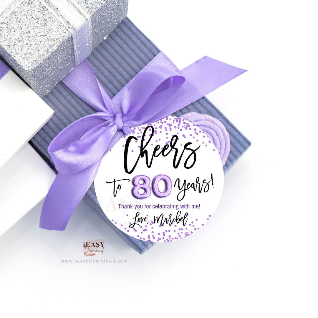 Cheers to 80 Years Round Gift Tags, EDITABLE Lavender Confetti ...