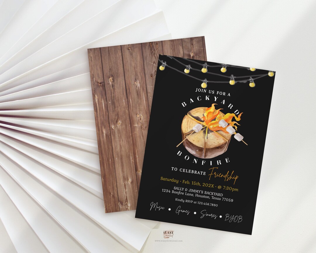 Outdoor Bonfire Party Invitation, Backyard Bonfire S'mores Fun, Bonfire ...
