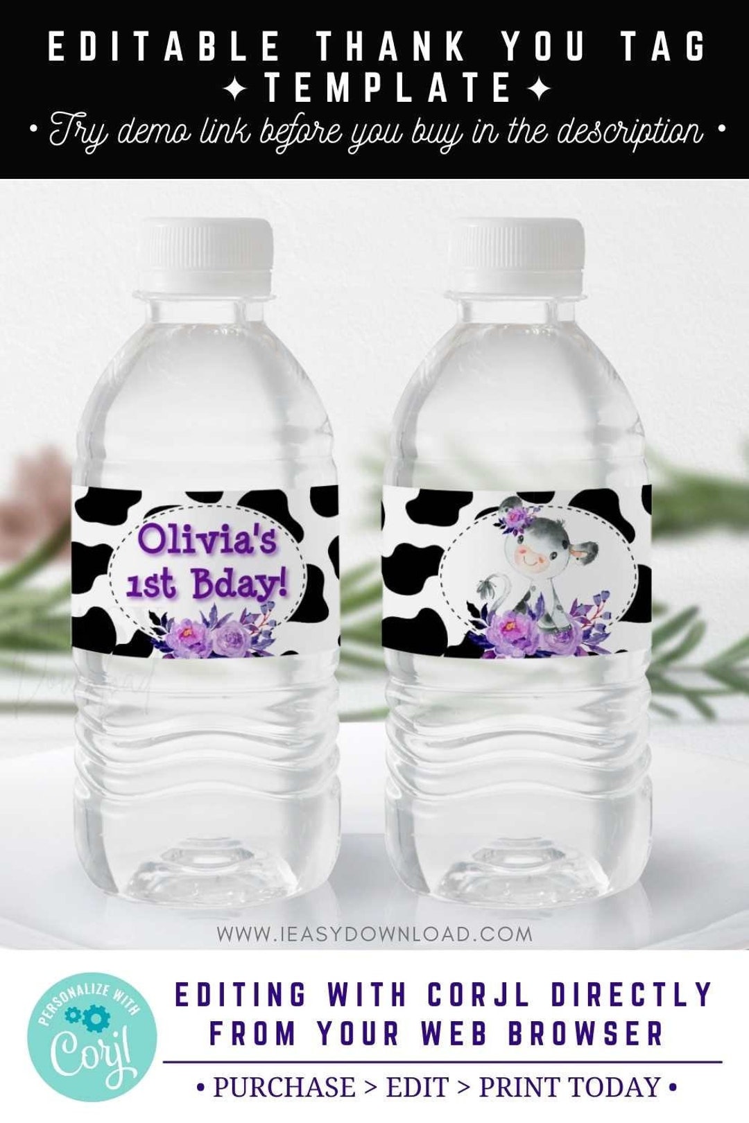 Editable Water Bottle Labels Cow Purple Farm 1st Birthday Theme ...
