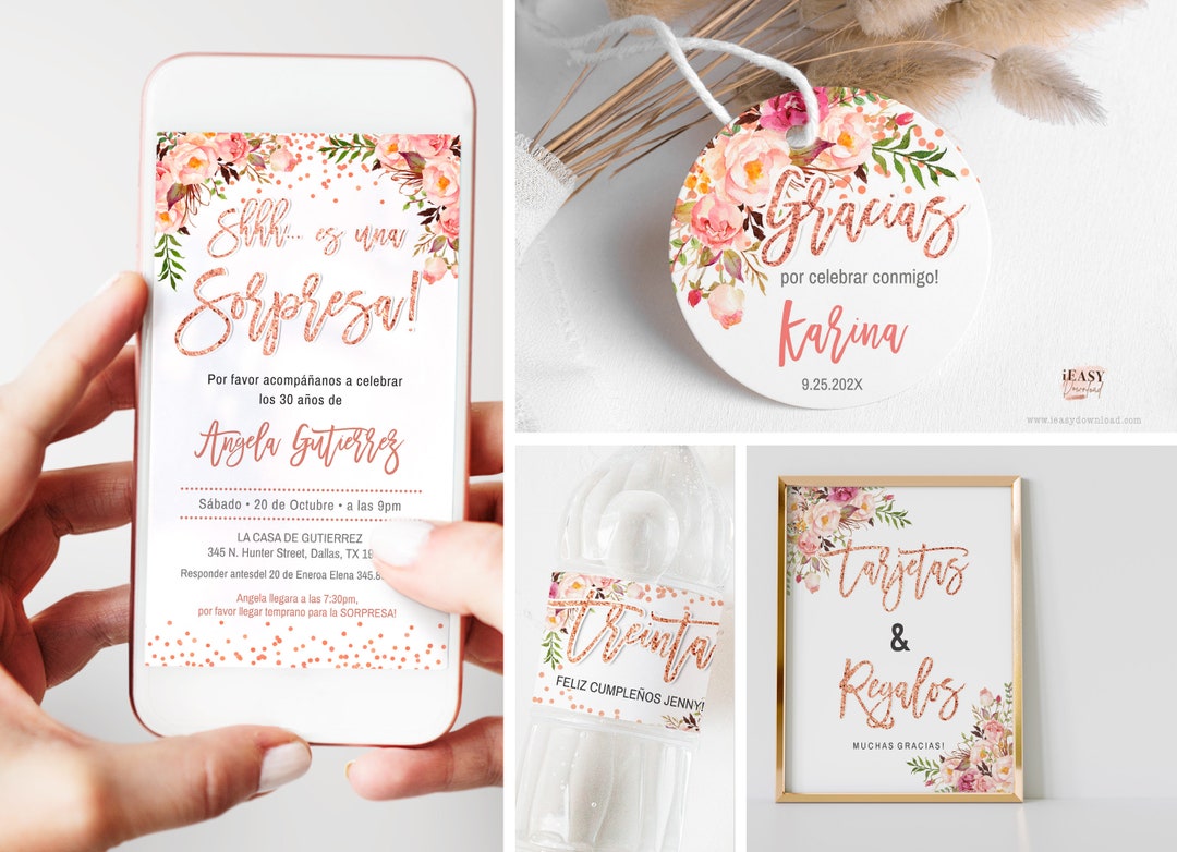 Spanish Birthday Party Bundle: Floral Rose Gold Invite (digital) - Etsy