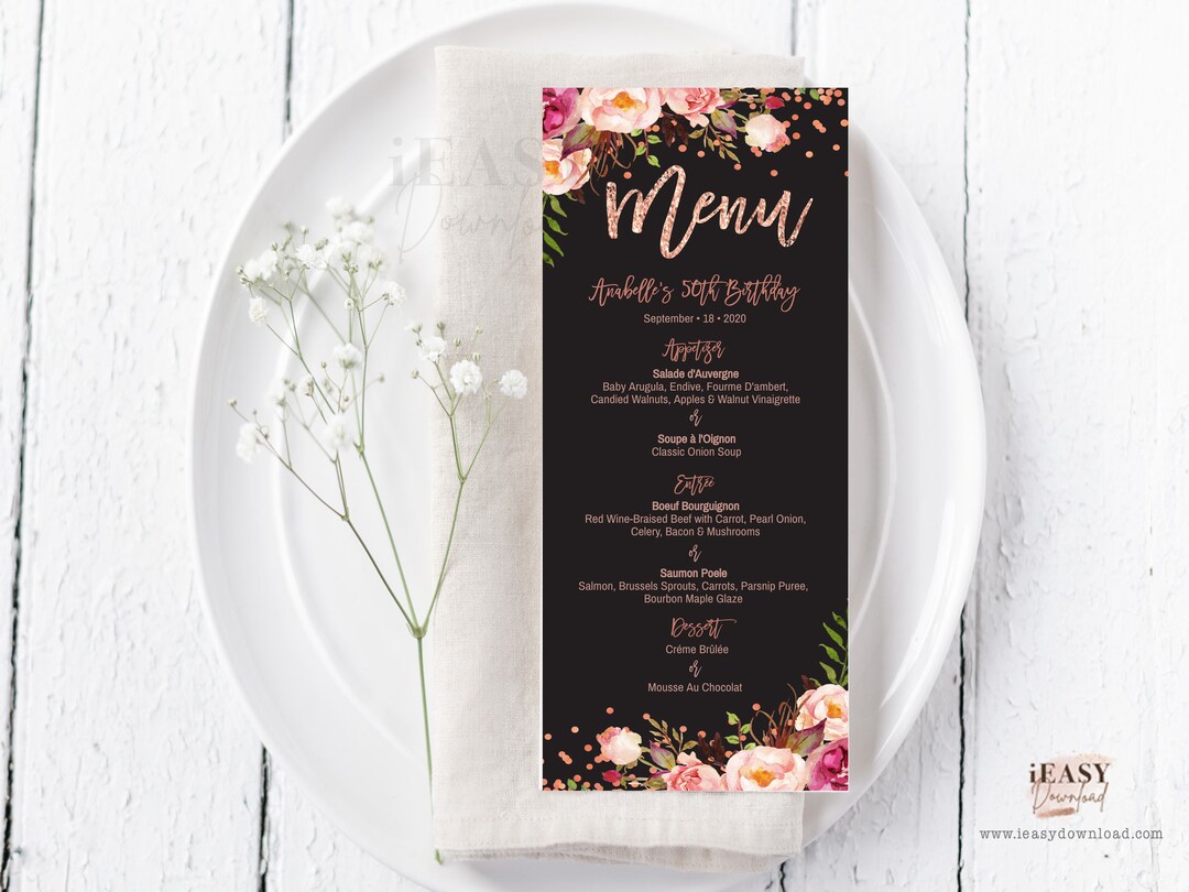 Table Menu Cards, Floral Rose Gold Card Template, Dinner Menu Card ...