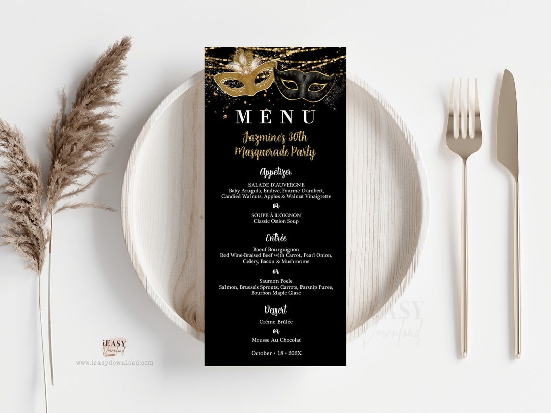 Editable Gold and Black Masquerade Food Menu Card, Carnival Masquerade ...