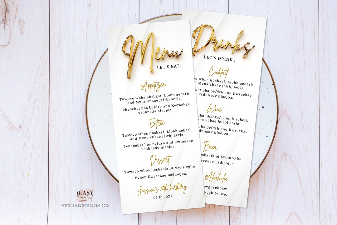 Editable Double Sided Menu and Drinks Card Template, All White Affair ...