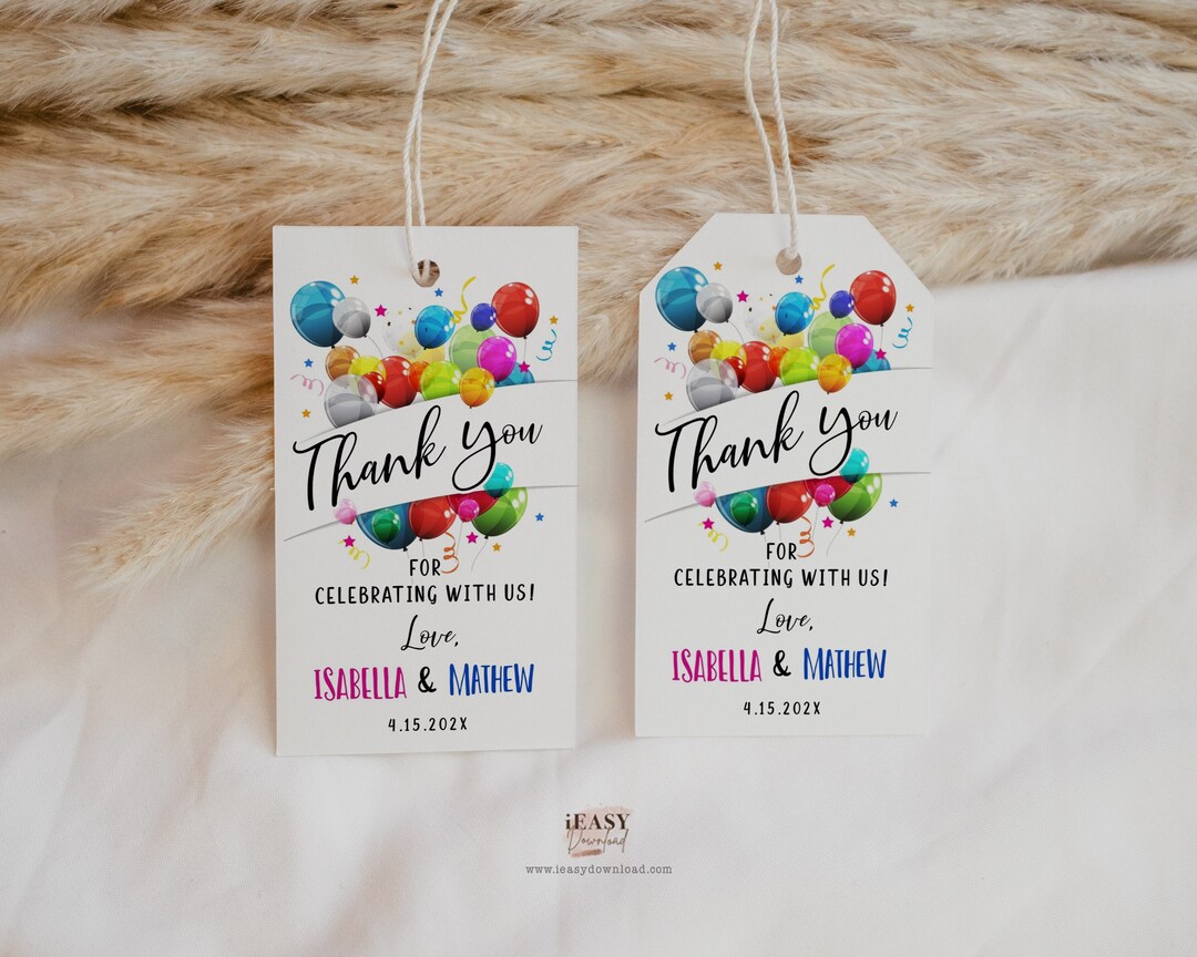 Editable Siblings Birthday Favor Tag: Balloons Party Thank You (corjl ...