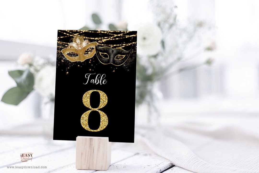 Gold Masquerade Table Numbers: Black Birthday Mask, Printable Template ...