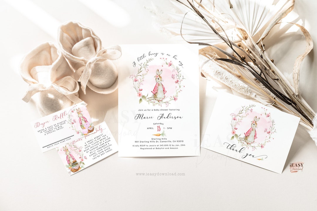 Editable Peter Rabbit Baby Girl Shower A Little Bunny is on the Way ...