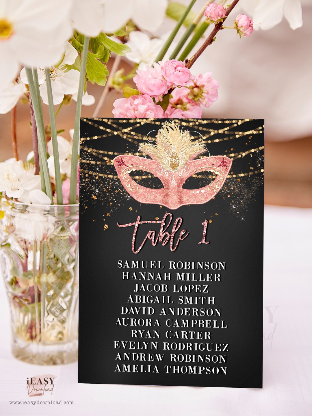 Pink Masquerade Party Table Numbers: Gold Glitter Template (printable ...