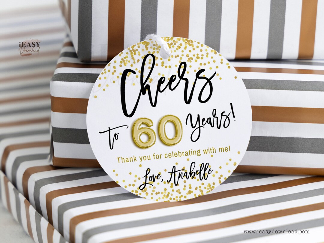 60th Birthday Gift Tags: Gold Confetti, Editable Template (digital ...
