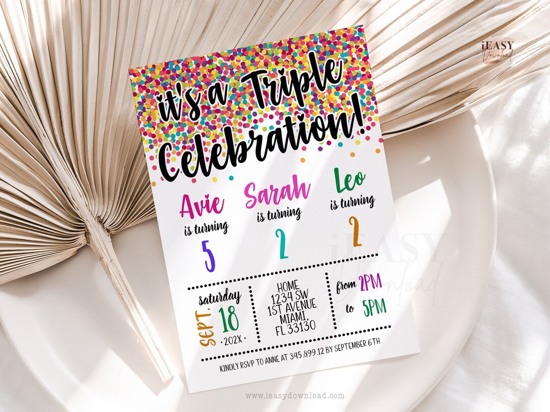 Triple Birthday Celebration, Sibling Birthday Invitations, Rainbow ...