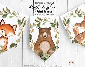 Cute Woodland Animals Printable Banner. Greenery Forest Birthday Baby ...