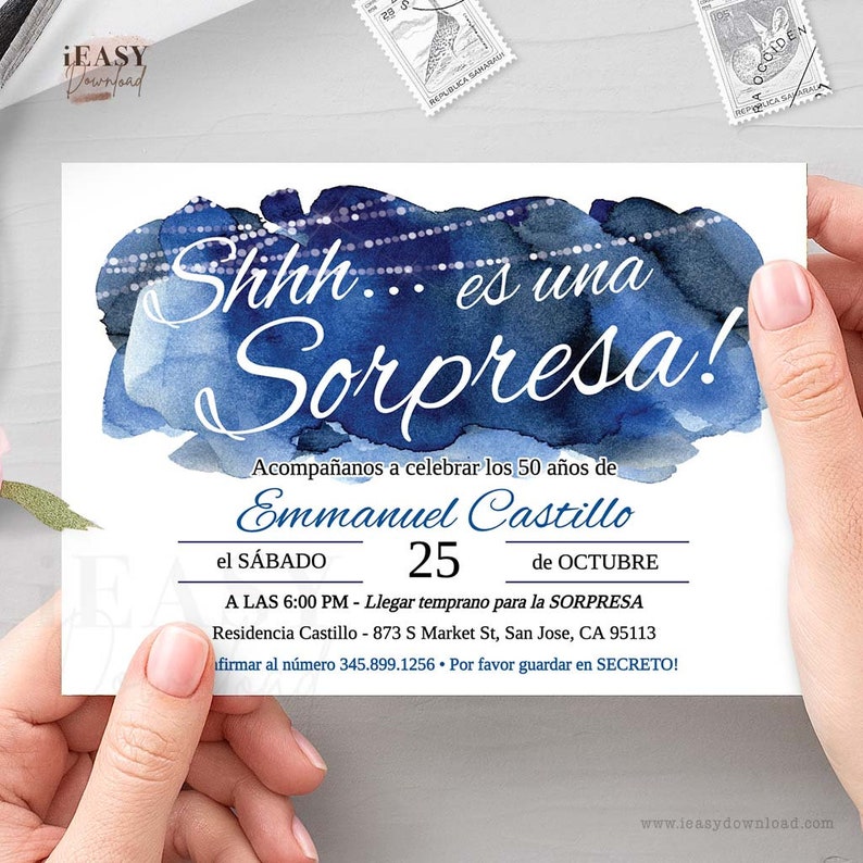 Editable Spanish Birthday Invitation Navy Blue Adult Surprise - Etsy