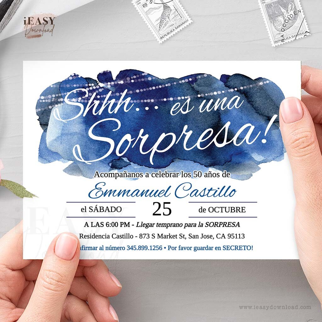 Editable Spanish Birthday Invitation Navy Blue Adult Surprise - Etsy