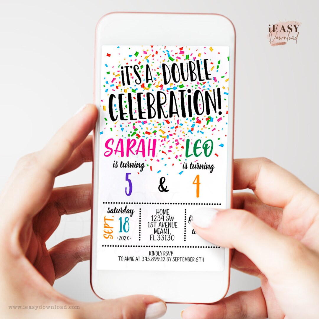 Rainbow Confetti Joint Birthday Invitation Sibling Celebration ...