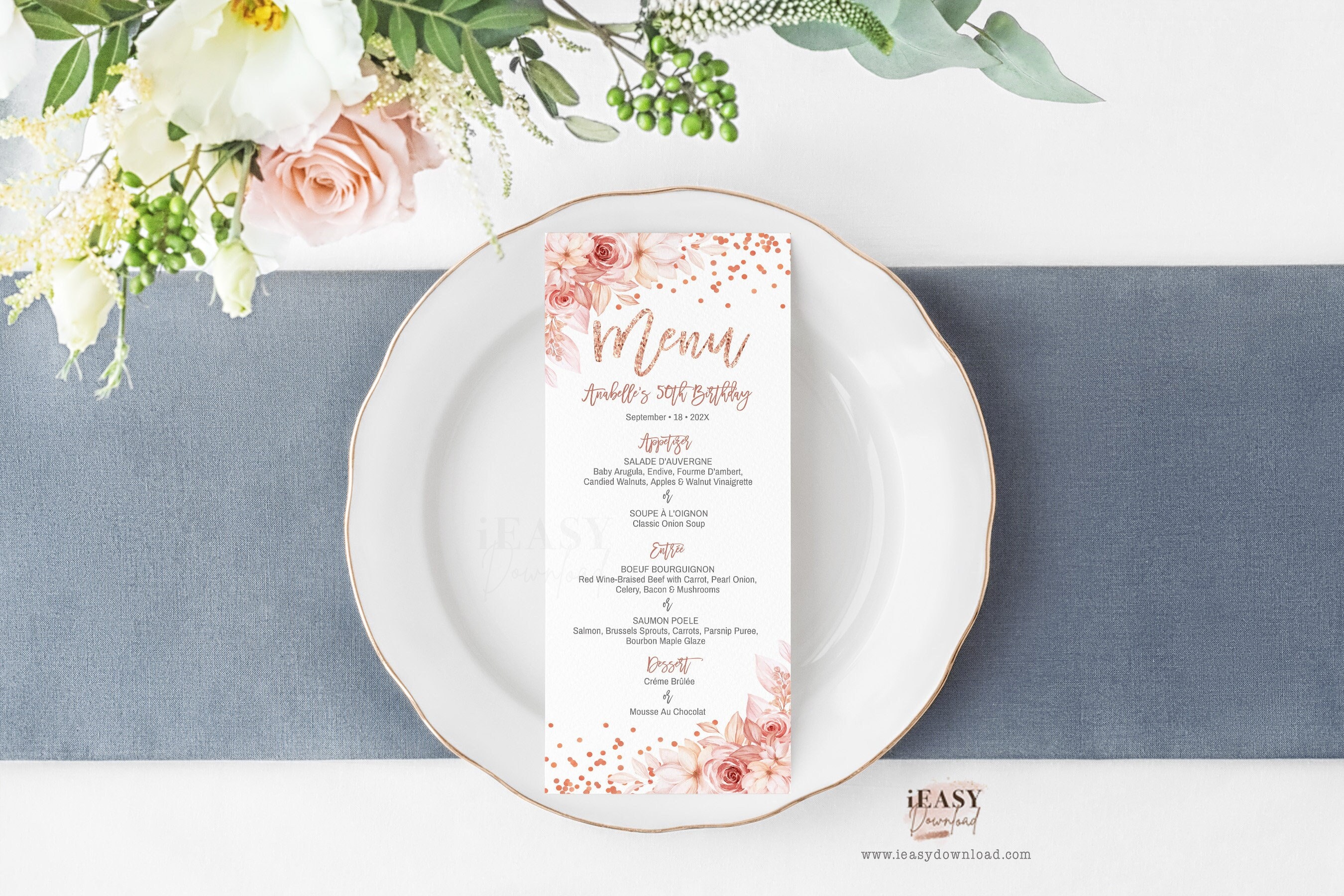 Editable Menu Card Template Pink Floral With Rose Gold - Etsy