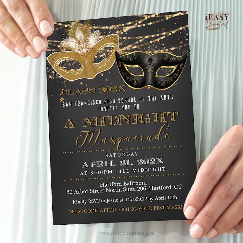Editable Masquerade Prom Ticket Template: Gold & Black (corjl AP3 ...
