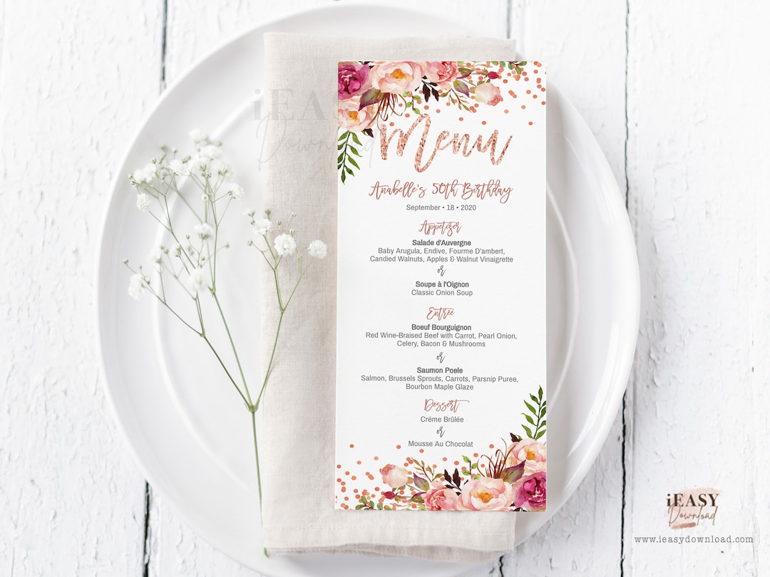 Floral Rose Gold Menu Card Template: Editable Confetti Design (digital ...
