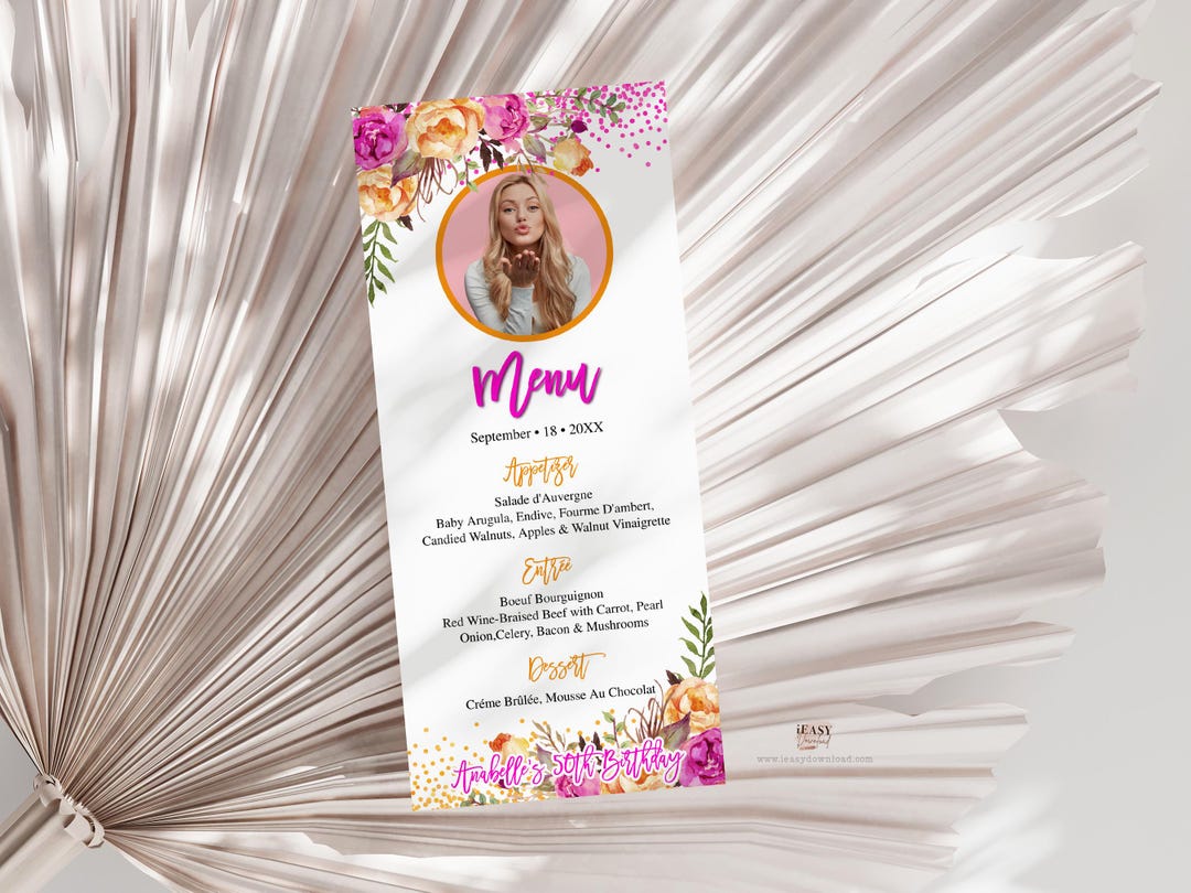 Editable 50th Birthday Menu 4x9 Card Hot Pink Orange Floral and ...