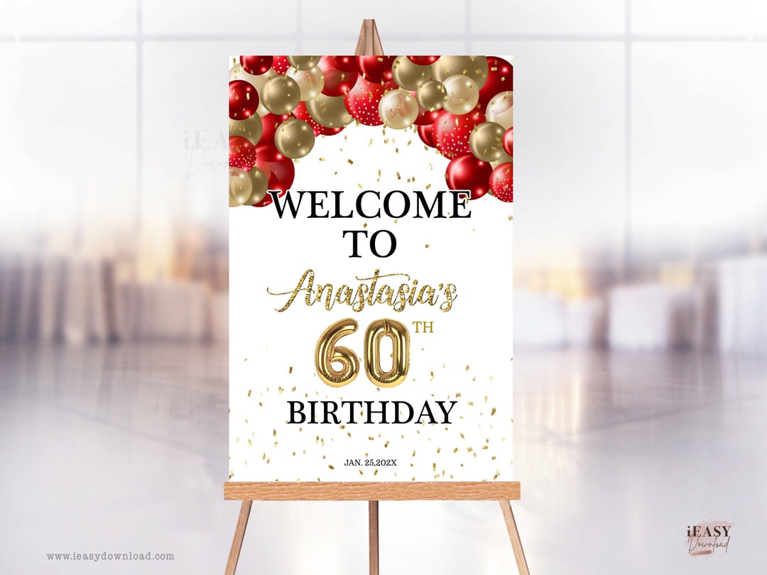 Red and Gold 60th Birthday Welcome Sign: Editable Party Decor (digital ...