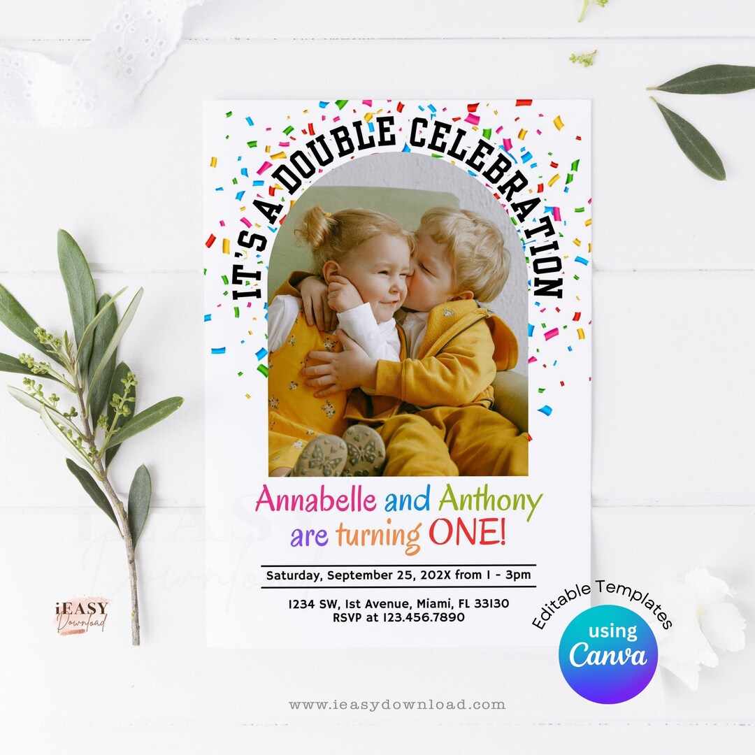 Rainbow Confetti Joint Birthday Photo Invitation Edit With CANVA - Etsy
