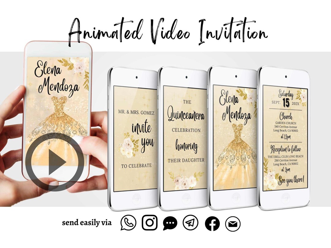 Animated Video Gold Floral Quinceañera Mobile Invitation, Mis Quince ...
