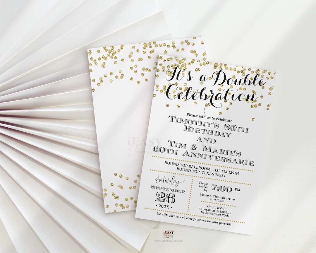 Gold Glitter Double Celebration Invitation: Birthday, Anniversary ...