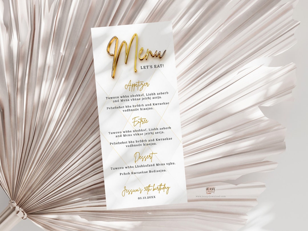 Gold & White Menu Card Template: Modern Birthday Party (printable Corjl ...