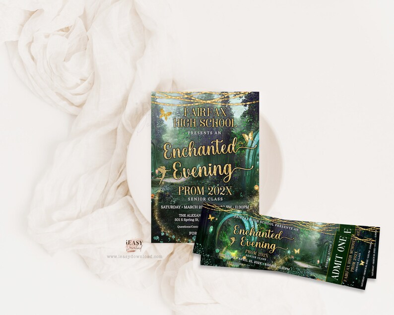 Enchanted Forest PROM Ticket Template Emerald Green Editable Template ...