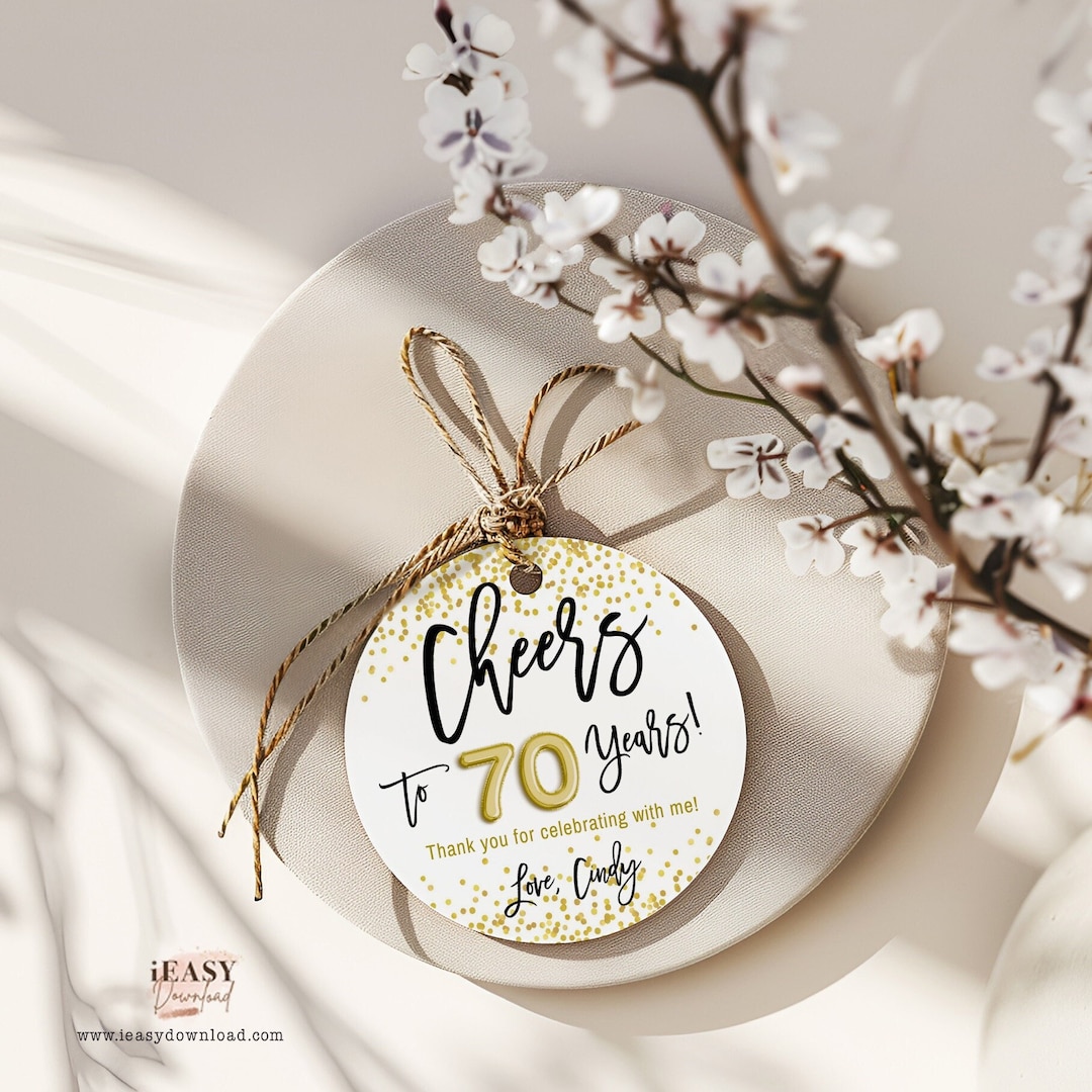 70th Birthday Gift Tags: Gold Confetti, Editable Template (digital ...