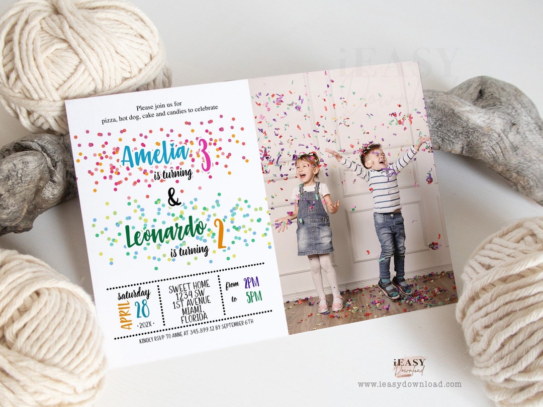 Editable Joint Birthday Party Sibling Birthday Photo Invitation Pink ...