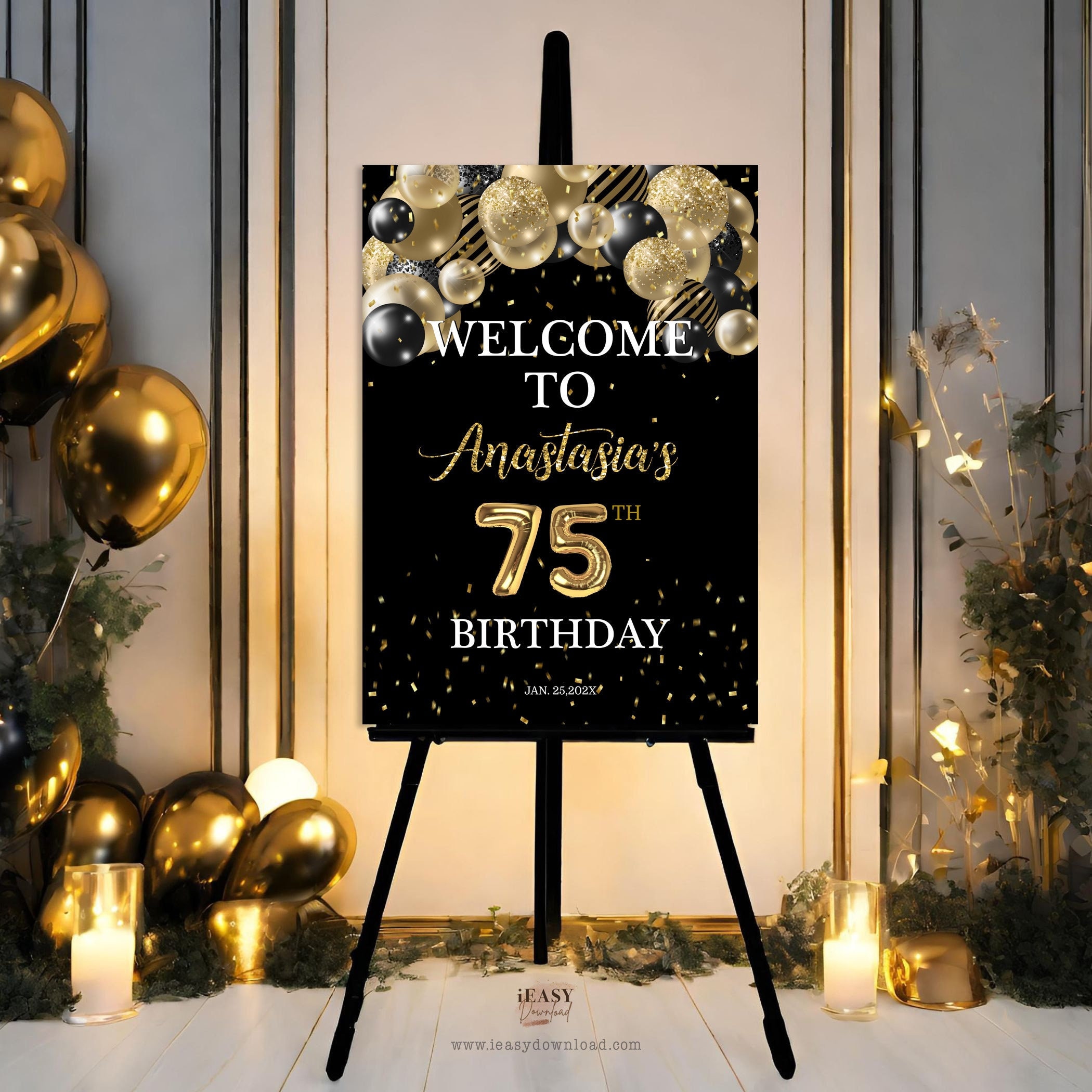 75th Birthday Welcome Sign Black and Gold Balloons DIY Corjl Template ...
