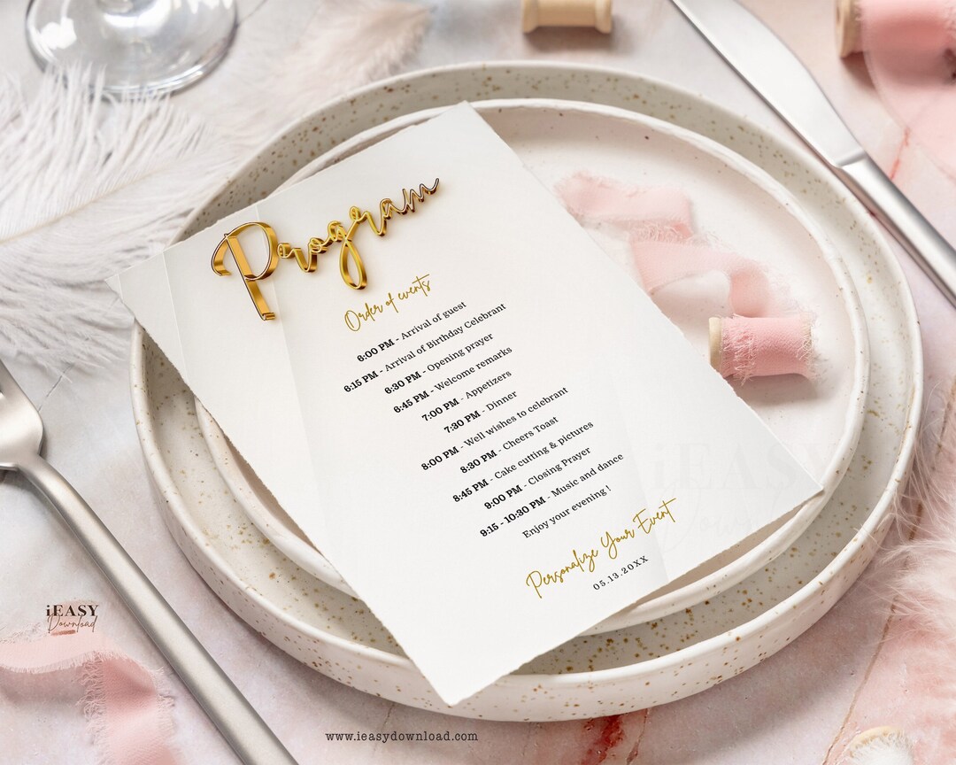 Editable Program Card Template, All White Affair Gold Theme Program ...