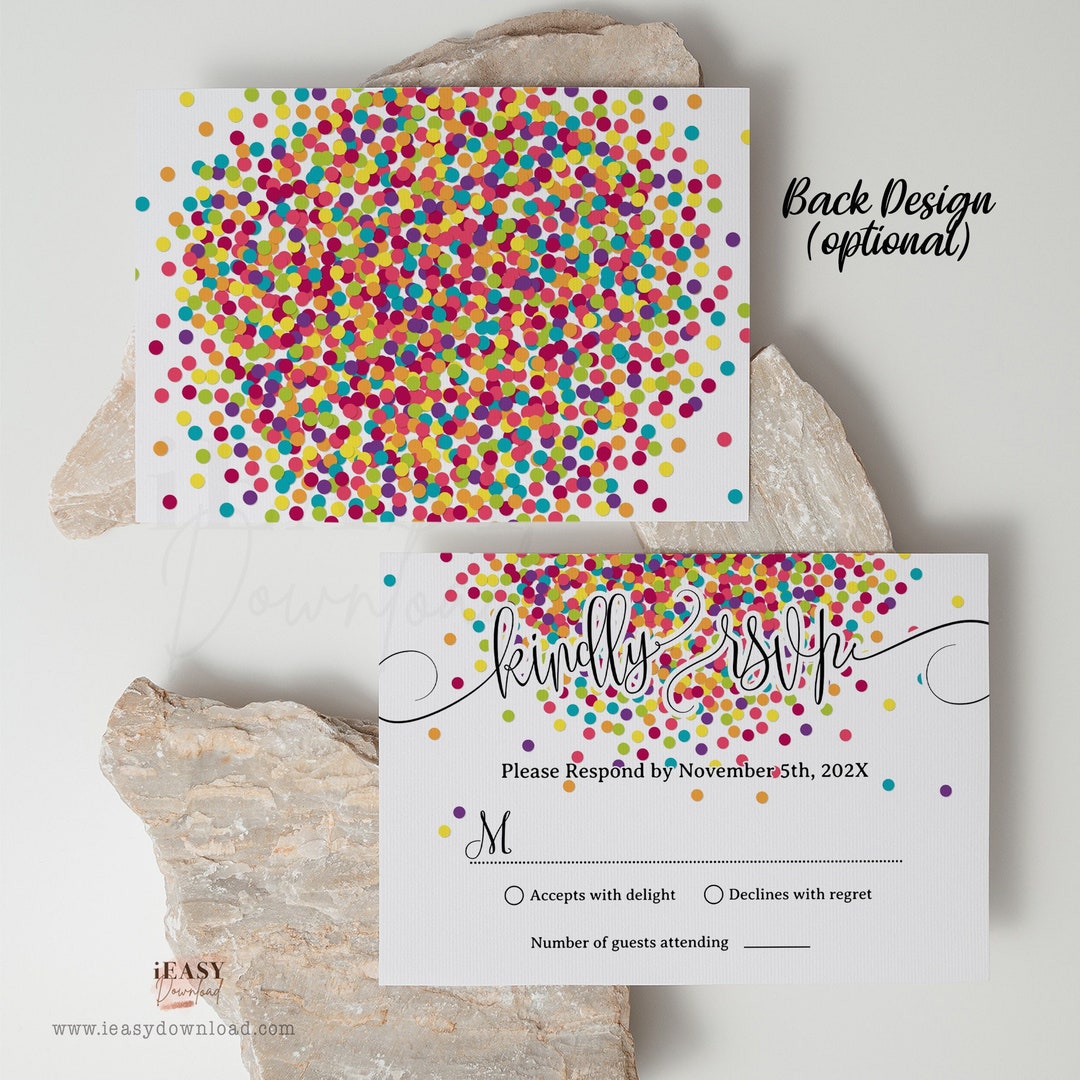 RSVP Cards Birthday, Kindly Reply Card, Multicolor Confetti Birthday ...