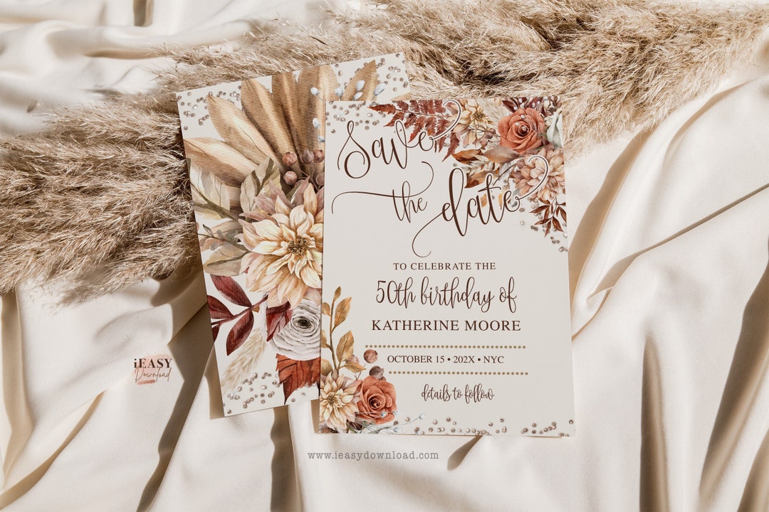 Save the Date Autumn Floral Birthday Party Invitation, Fall Leaves, Let ...