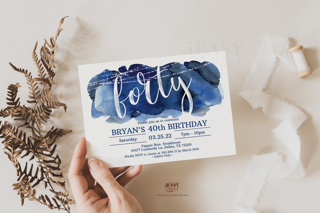 Editable 40th Birthday Invitation for Men, Adult Birthday Invitation ...