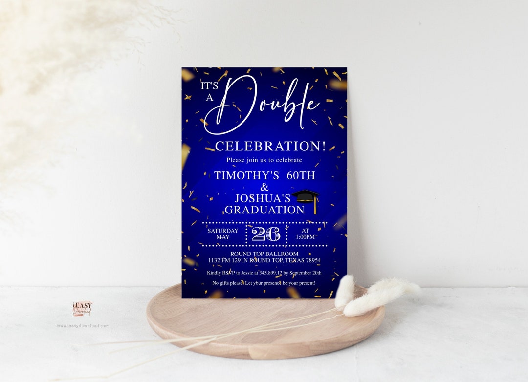 Editable Royal Blue Adult Double Celebration Invitation Double Birthday ...
