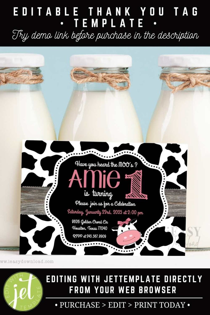 Cow Theme Birthday Invitation Pink Cow Birthday Invitation - Etsy