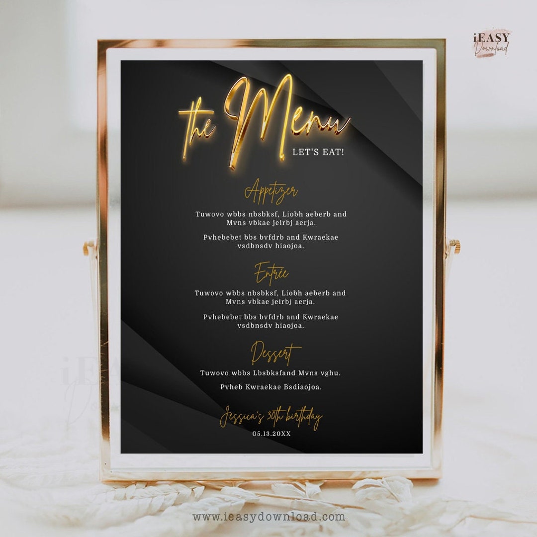 The Menu Table Sign in Gold and Black, Editable Adult Birthday Party ...
