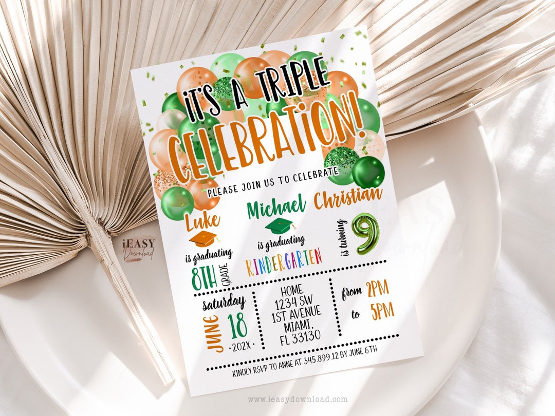 Triple Birthday Graduation Party Invitation: Siblings Celebration ...
