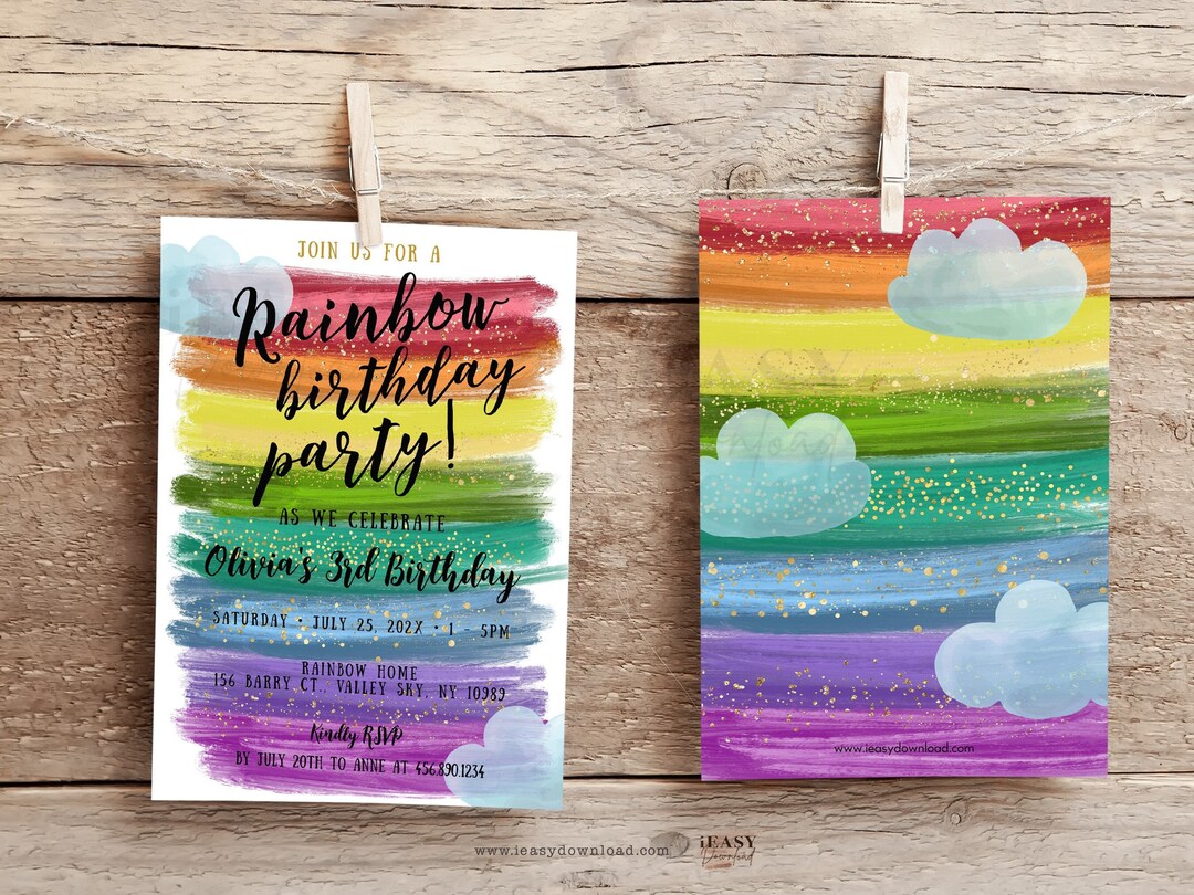 Rainbow Birthday Invitation, Watercolor Clouds and Rainbow Party ...
