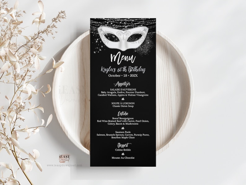 Editable Masquerade Menu Card Template Silver Masquerade - Etsy
