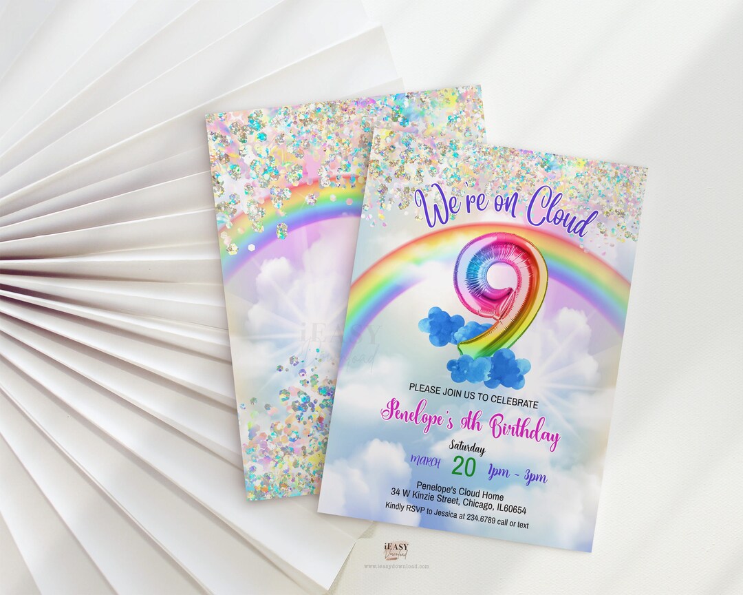 Editable Rainbow Cloud 9 Invitation, 9th Birthday Rainbow Invitation ...