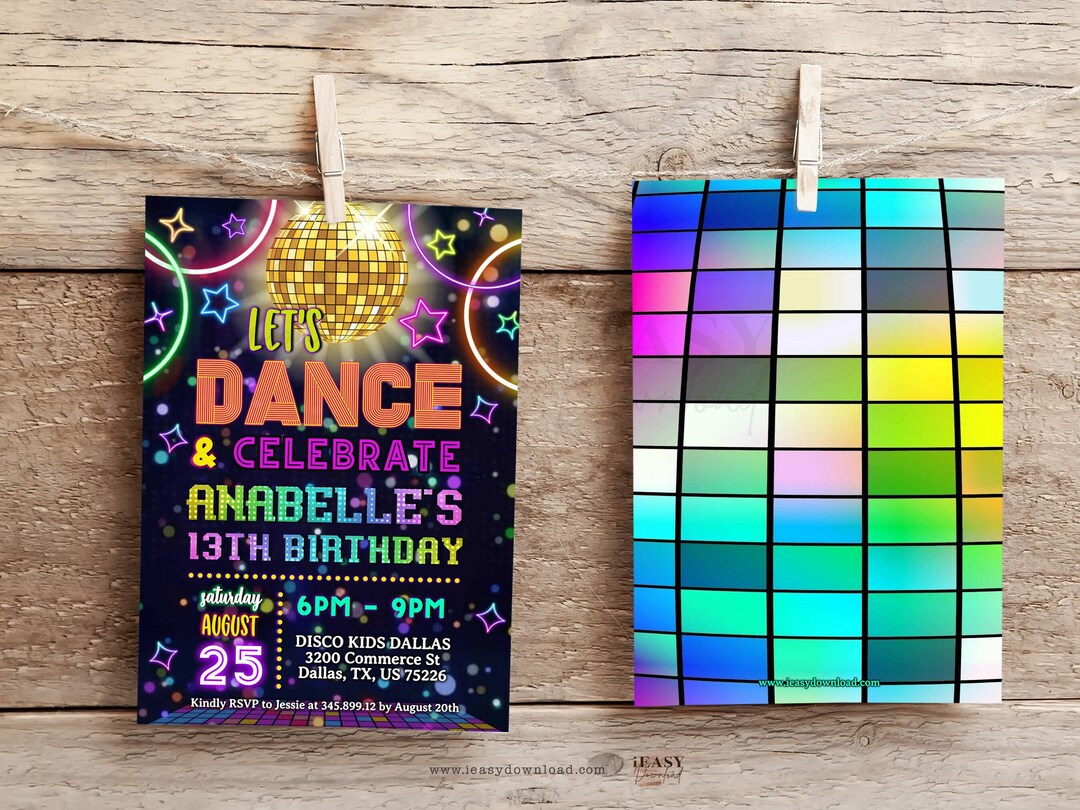 Disco Birthday Invitation, Dance Party Birthday Invite, Glow Rainbow ...