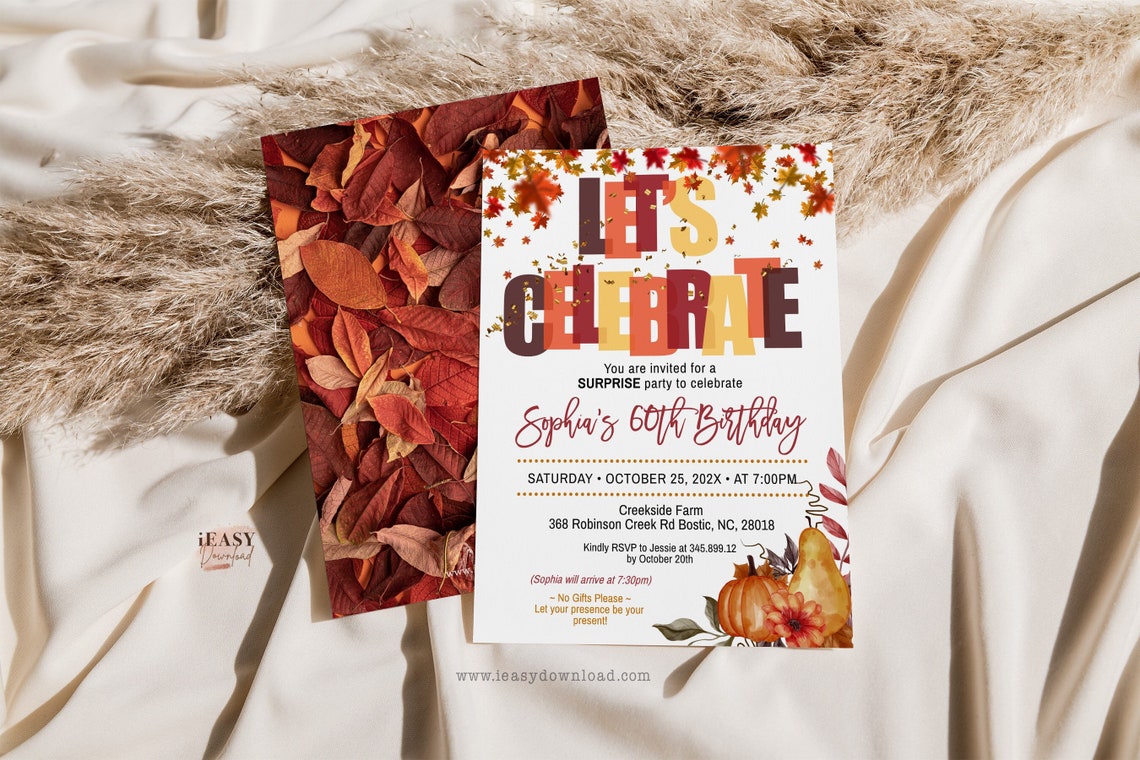 Editable Fall Surprise Birthday Invite Let's Celebrate - Etsy