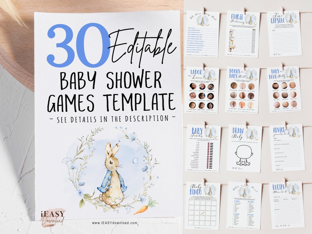 EDITABLE 30 Games Baby Shower Peter Rabbit for Boy, A Little Bunny is ...