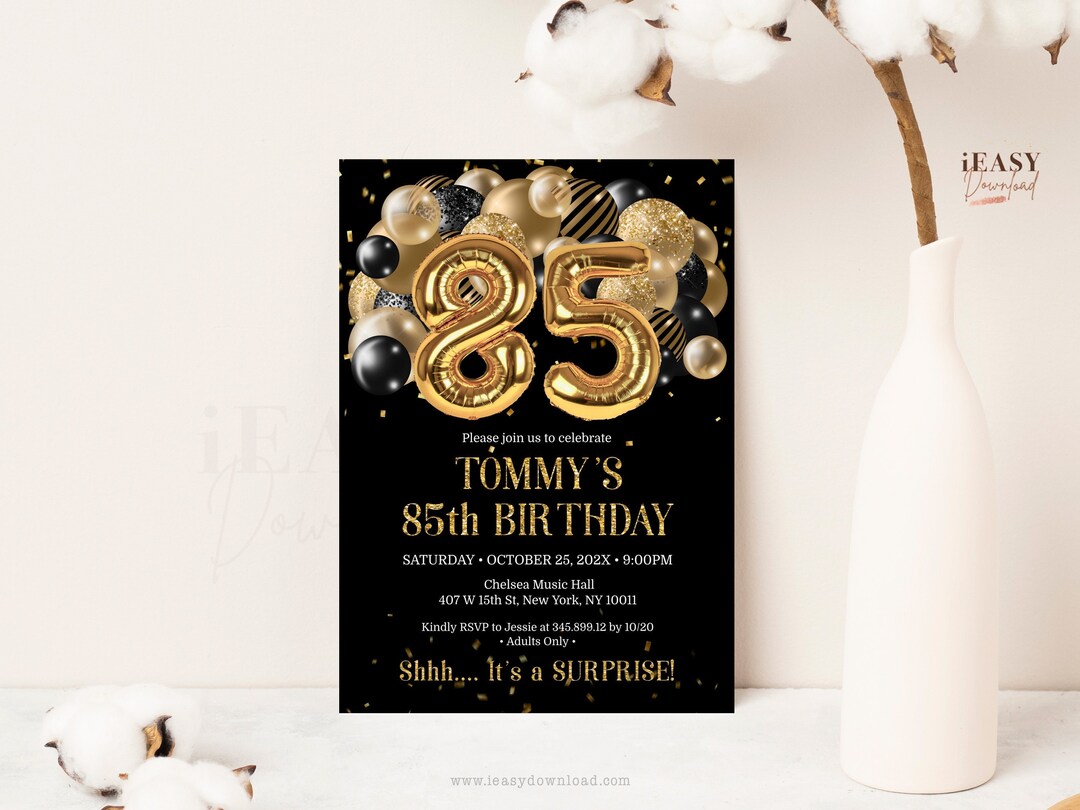85th Birthday Invitation Black Gold Party Invite for Women or Men ...