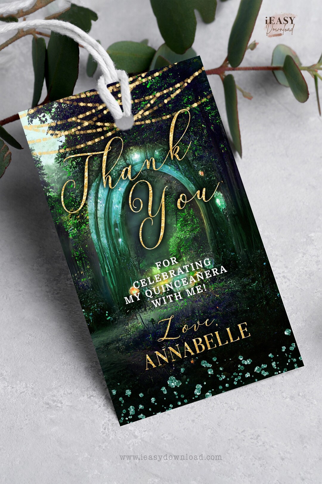 Enchanted Forest Thank You Tags: Emerald Green Quinceañera, Editable ...