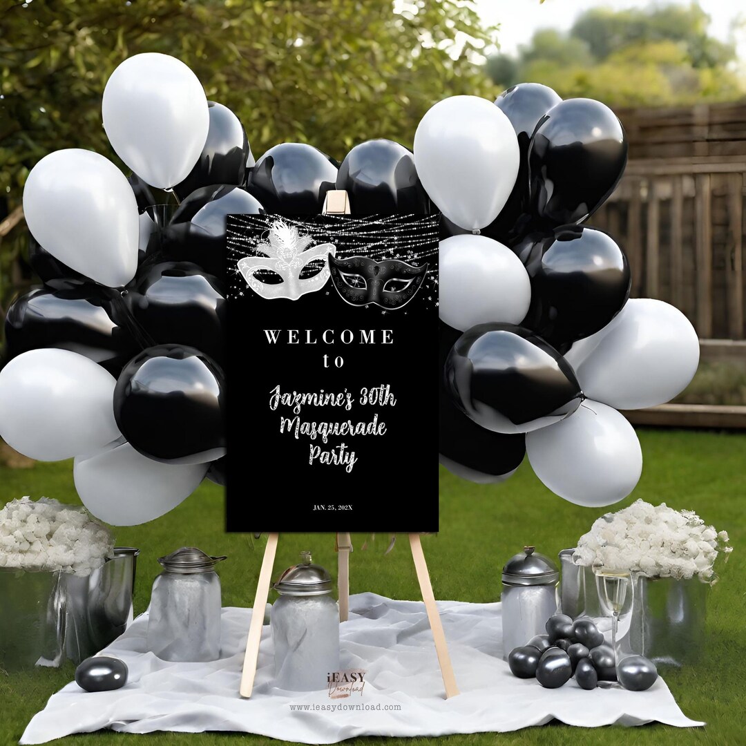 Masquerade Party Welcome Sign Black and Gold Mask Welcome Sign Birthday ...