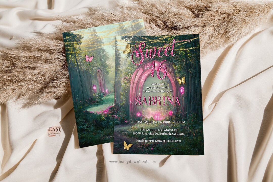 Editable Enchanted Forest Pink Sweet 16th Birthday Invitation ...