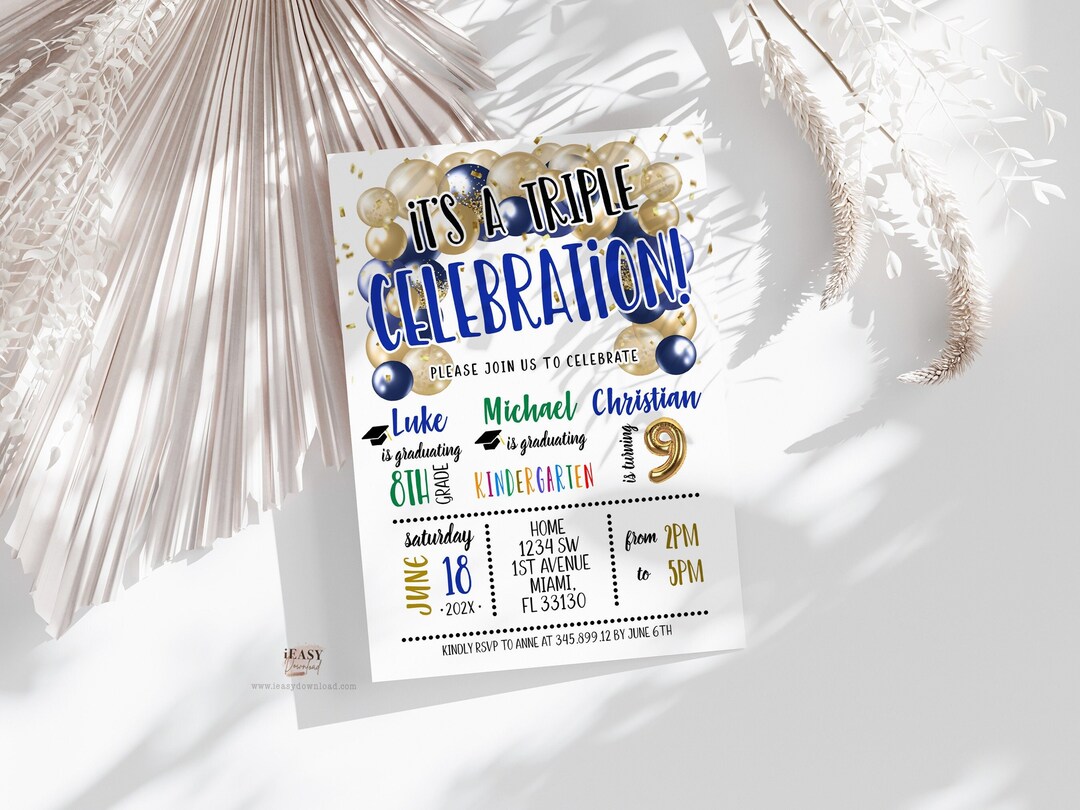 Editable Triple Birthday Graduation Party Invitation Template (corjl ...